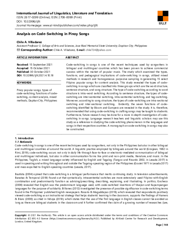(PDF) Analysis on Code-Switching in Pinoy Songs