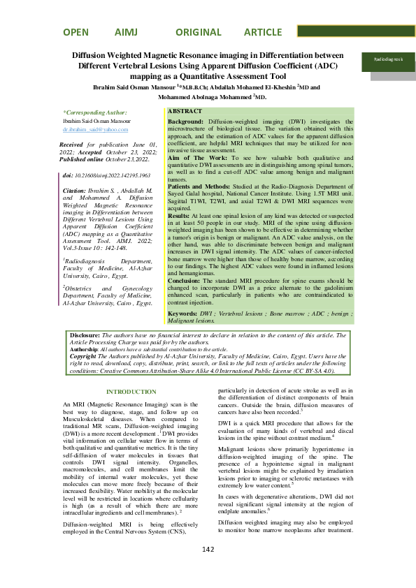 (PDF) Diffusion Weighted Magnetic Resonance imaging in Differentiation ...