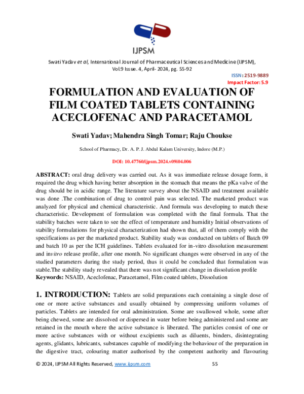 (PDF) FORMULATION AND EVALUATION OF FILM COATED TABLETS CONTAINING ACECLOFENAC AND PARACETAMOL