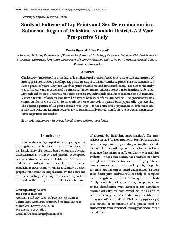 (PDF) Study of Patterns of Lip Prints and Sex Determination in a ...