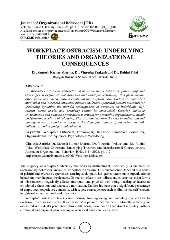 (PDF) WORKPLACE OSTRACISM: UNDERLYING THEORIES AND ORGANIZATIONAL CONSEQUENCES