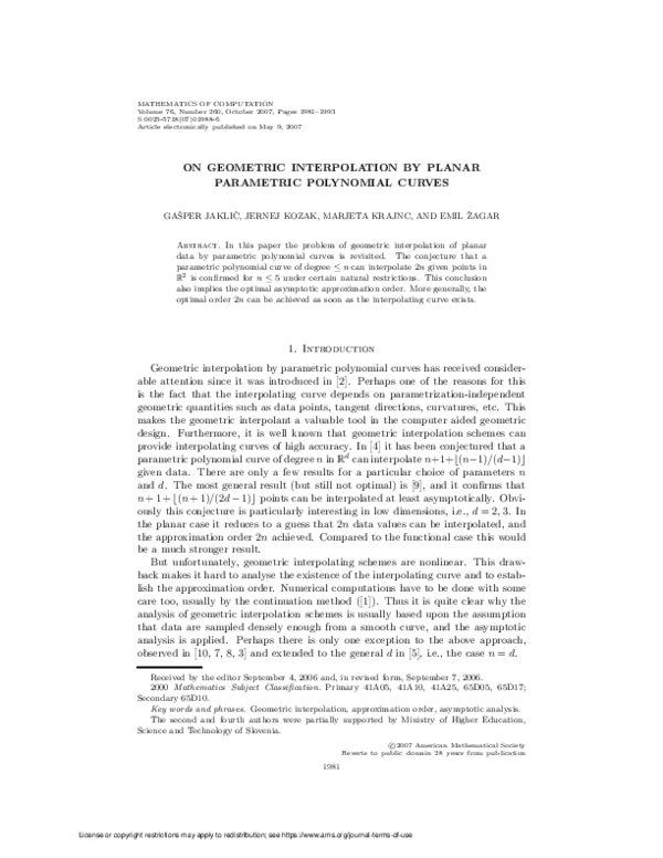 (PDF) On geometric interpolation by planar parametric polynomial curves
