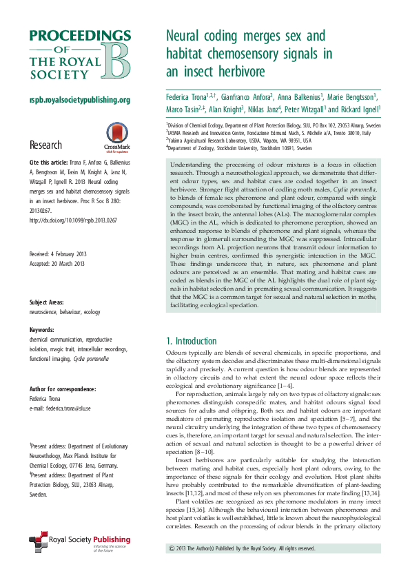 Pdf Neural Coding Merges Sex And Habitat Chemosensory Signals In An