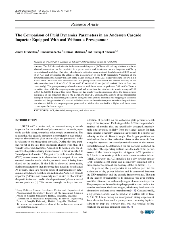 (PDF) The Comparison of Fluid Dynamics Parameters in an Andersen Cascade Impactor Equipped With ...
