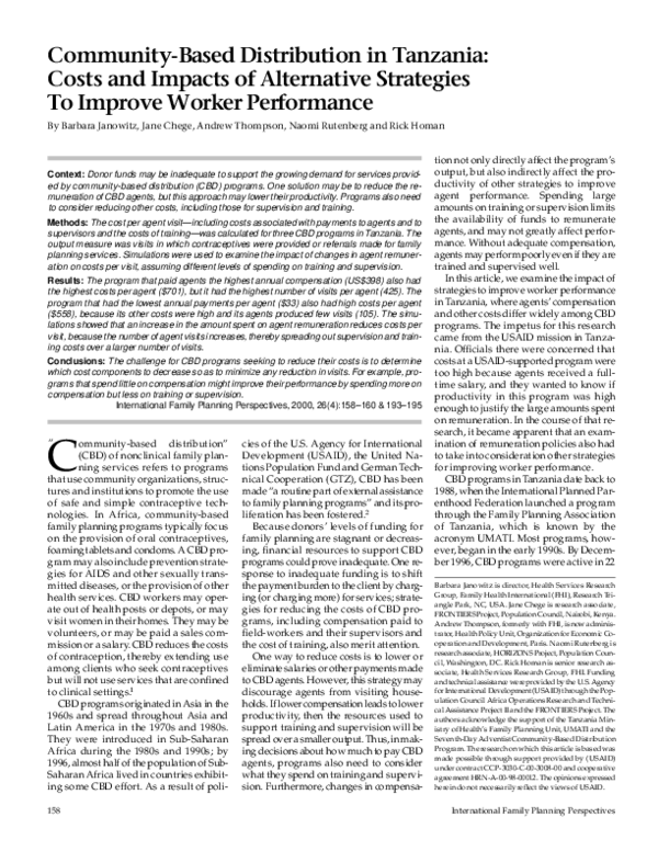 (PDF) Community-Based Distribution in Tanzania: Costs and Impacts of ...