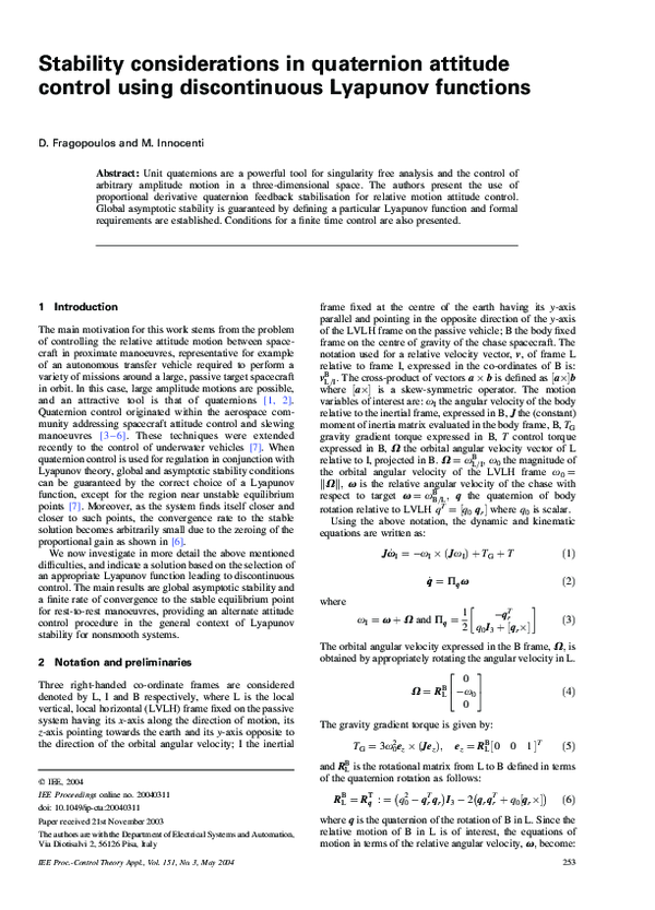 (PDF) Stability considerations in quaternion attitude control using discontinuous Lyapunov functions