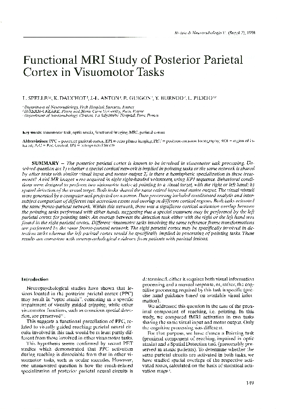 (PDF) Functional MRI Study of Posterior Parietal Cortex in Visuomotor Tasks