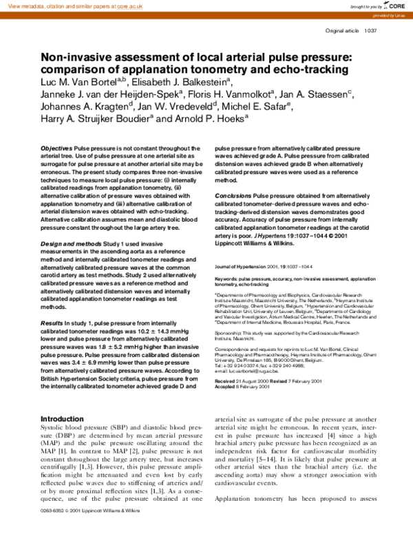 (PDF) Non-invasive assessment of local arterial pulse pressure: comparison of applanation ...