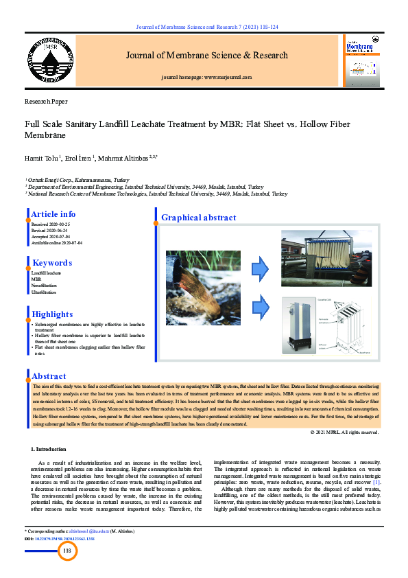 (PDF) FULL SCALE SANITARY LANDFILL LEACHATE TREATMENT: Flat Sheet vs Hollow Fiber