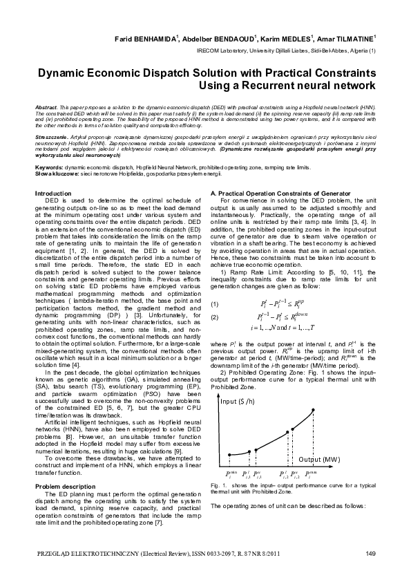 (PDF) Dynamic Economic Dispatch Solution with Practical Constraints Using a Recurrent neural network