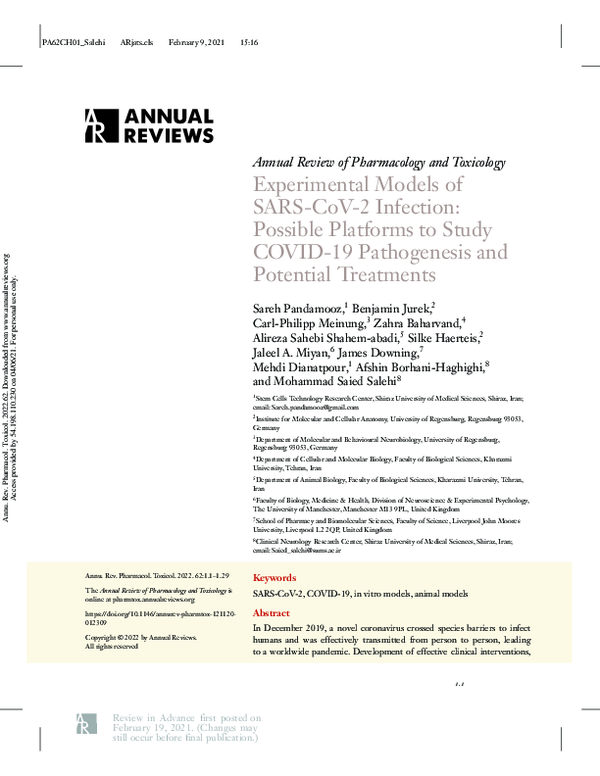 (PDF) Experimental Models of SARS-CoV-2 Infection: Possible Platforms ...
