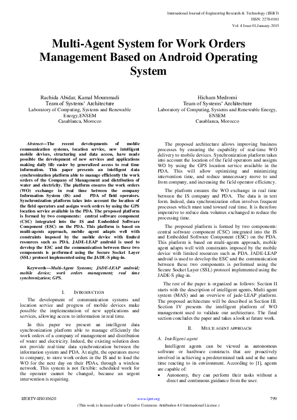 (PDF) Multi-Agent System for Work Orders Management Based on Android Operating System | rachida ...