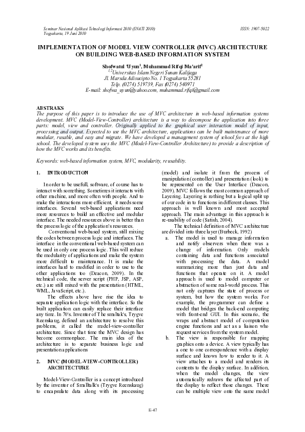 Pdf Implementation Of Model View Controller Mvc Architecture On