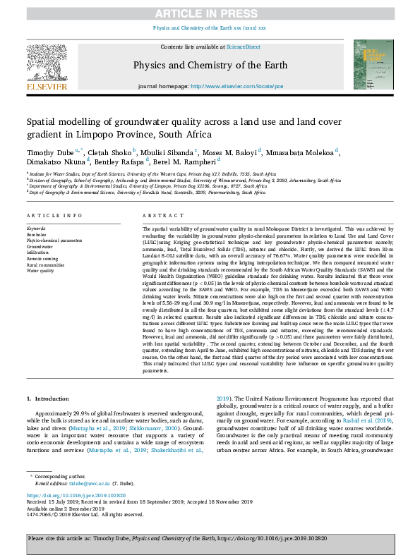 (PDF) Spatial modelling of groundwater quality across a land use and land cover gradient in ...