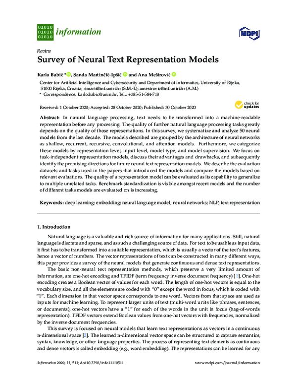 (PDF) Survey of Neural Text Representation Models