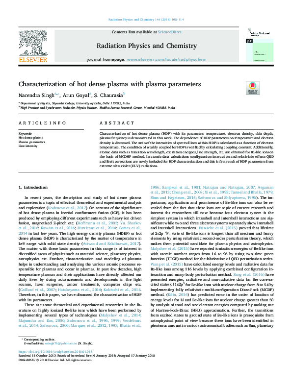 (PDF) Characterization of hot dense plasma with plasma parameters