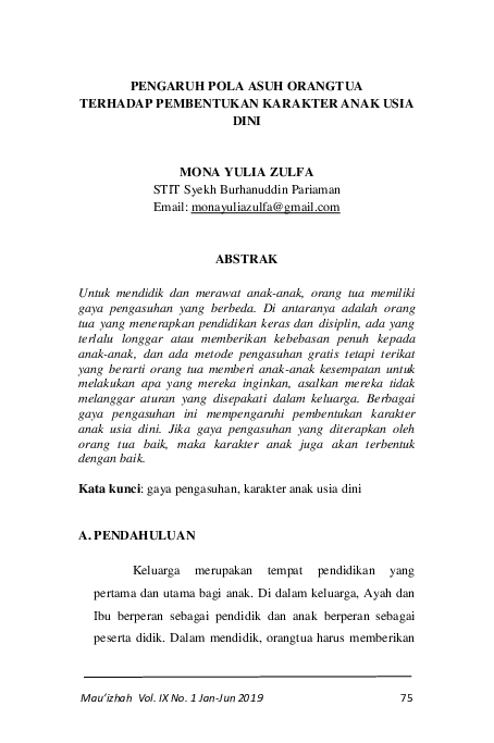 (PDF) Pengaruh Pola Asuh Orangtua Terhadap Pembentukan Karakter Anak Usia Dini | Mona Zulfa ...