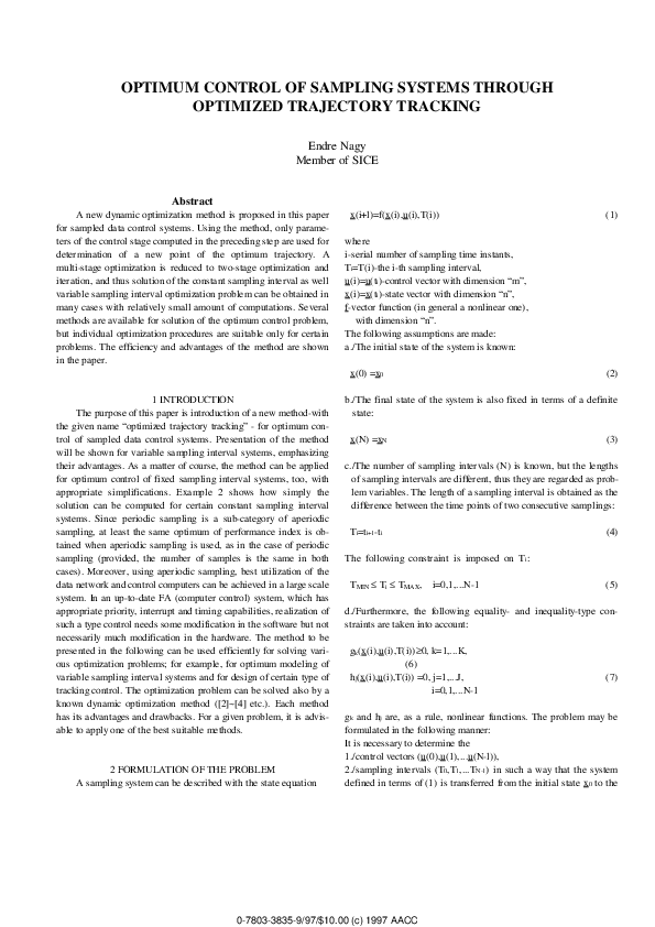 (PDF) OPTIMUM CONTROL OF SAMPLING SYSTEMS THROUGH OPTIMIZED TRAJECTORY ...