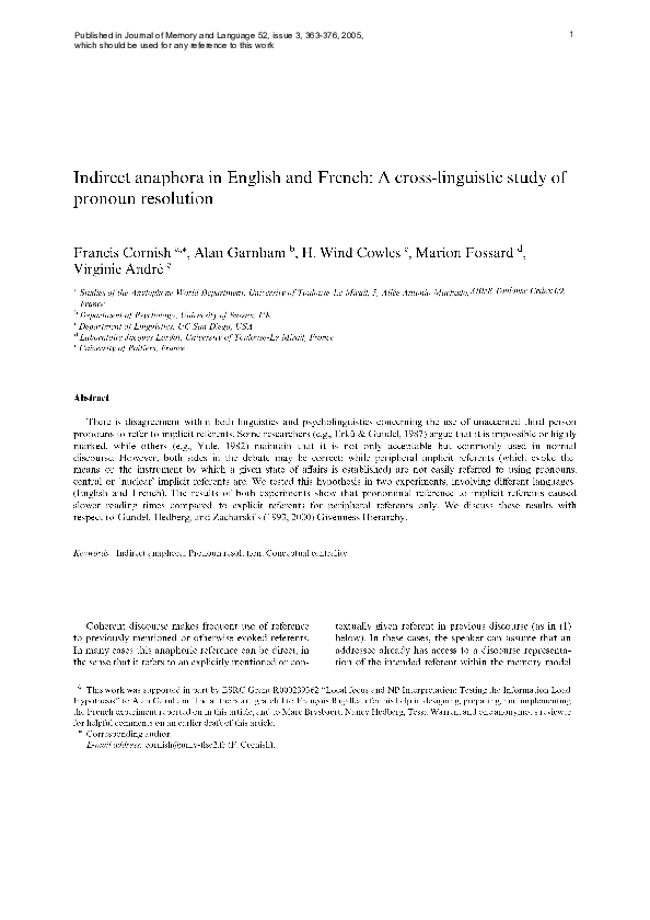 (PDF) Indirect anaphora in English and French: A cross-linguistic study ...