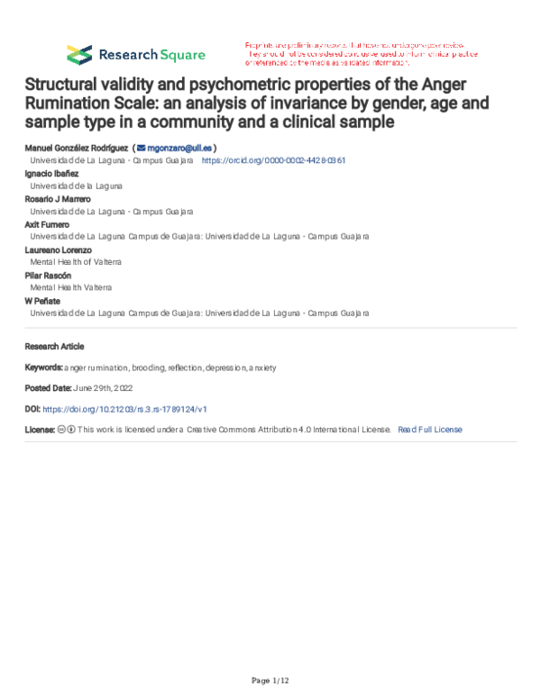 (PDF) Structural validity and psychometric properties of the Anger Rumination Scale: an analysis ...