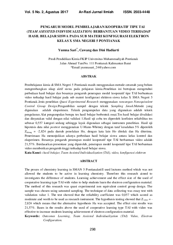 (PDF) Pengaruh Model Pembelajaran Kooperatif Tipe Tai (Team Asissted Individualization ...