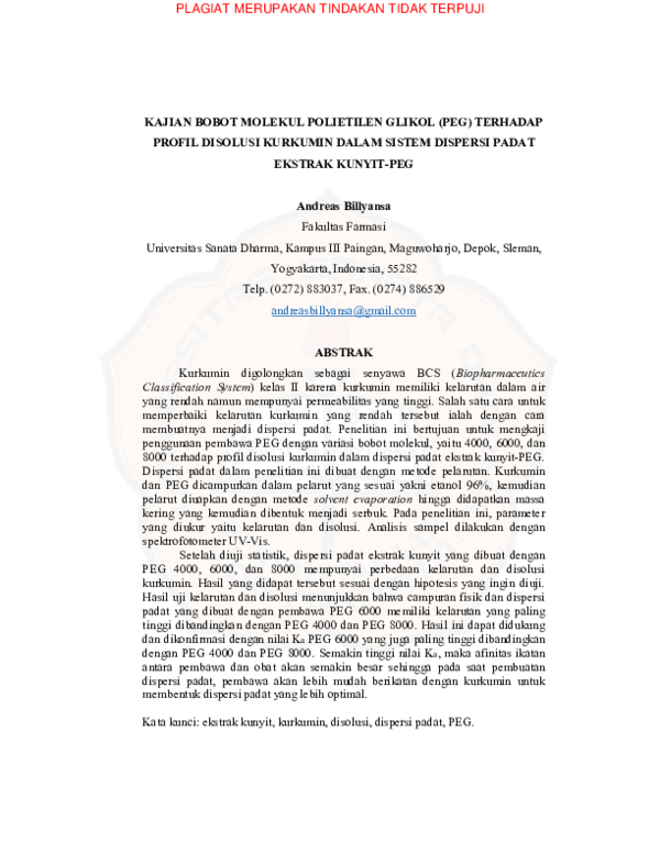 Kajian bobot molekul polietilen glikol (PEG) terhadap profil disolusi kurkumin dalam sistem ...