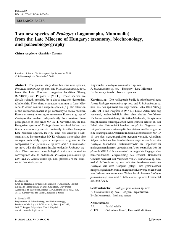 (PDF) Two new species of Prolagus (Lagomorpha, Mammalia) from the Late ...