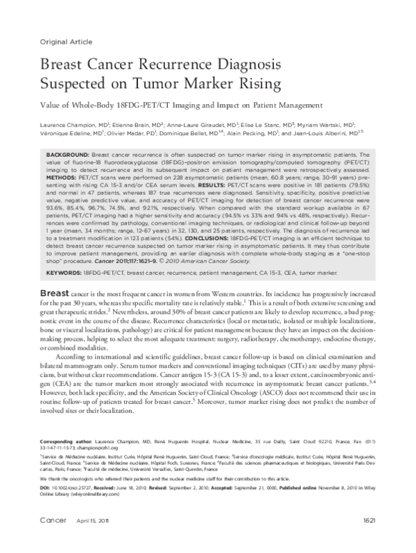 (PDF) Breast cancer recurrence diagnosis suspected on tumor marker rising
