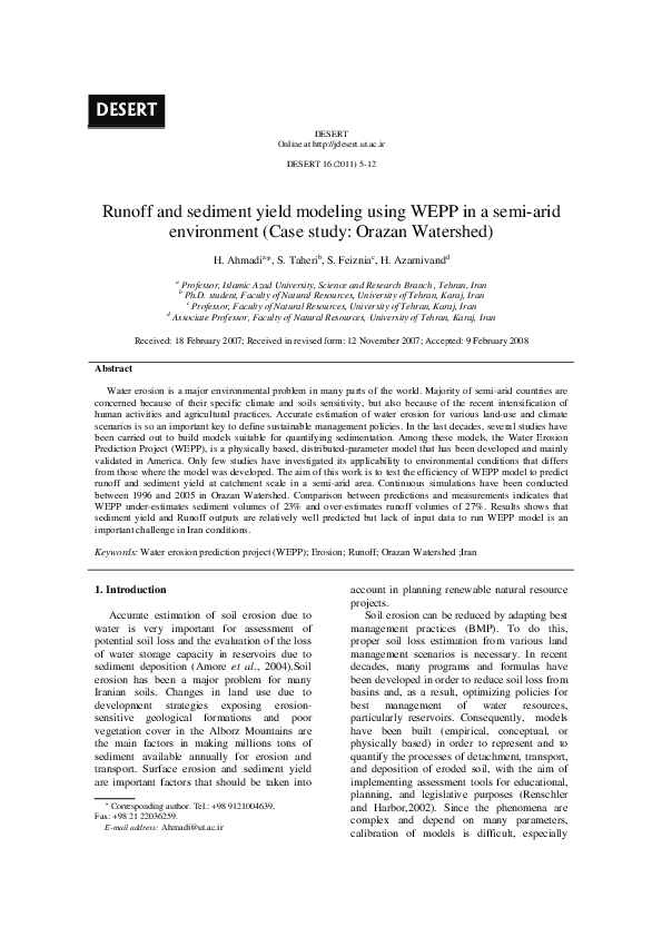 (PDF) Runoff and sediment yield modeling using WEPP in a semi-arid environment (Case study ...