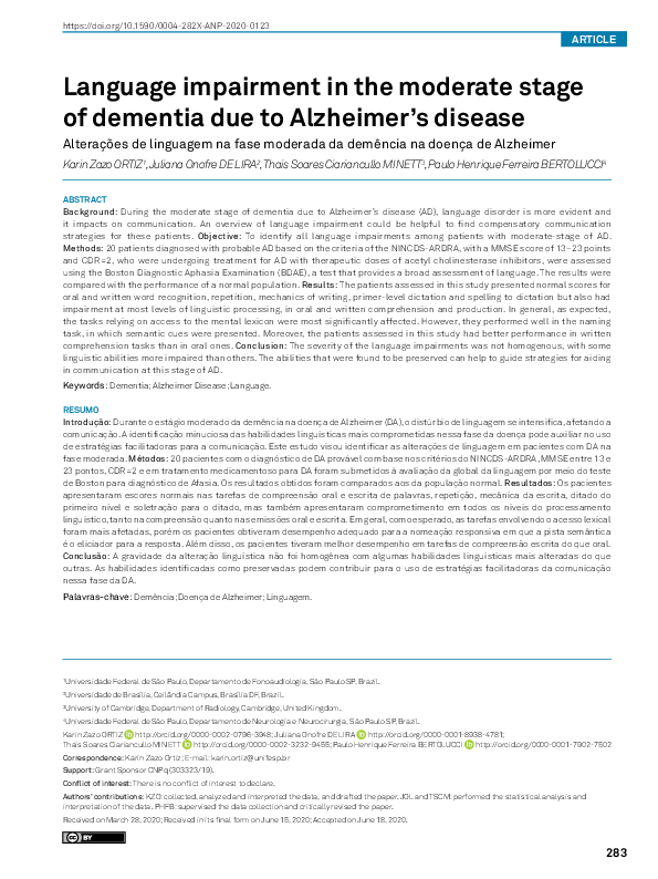 (PDF) Language impairment in the moderate stage of dementia due to ...
