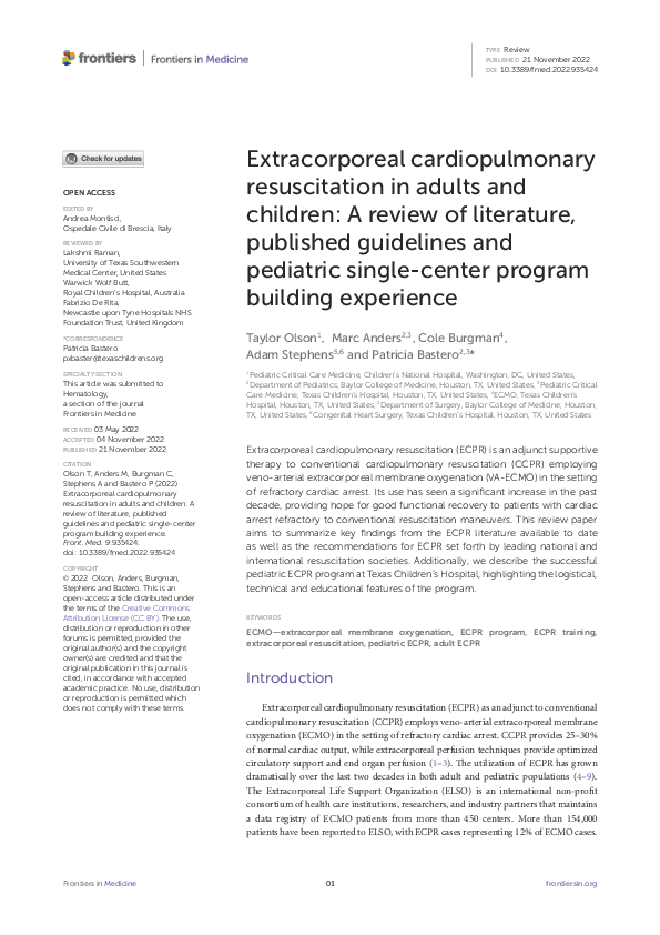 (PDF) Extracorporeal cardiopulmonary resuscitation in adults and ...