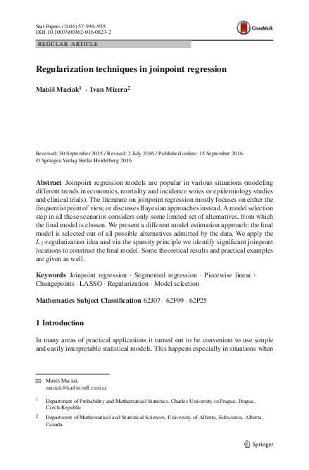 (PDF) Regularization techniques in joinpoint regression | Matus Maciak - Academia.edu