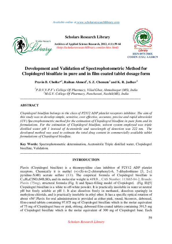 (PDF) Development and Validation of Spectrophotometric Method for Clopidogrel bisulfate in pure ...