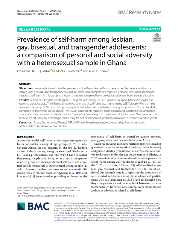 (PDF) Prevalence of self-harm among lesbian, gay, bisexual, and transgender adolescents: a ...