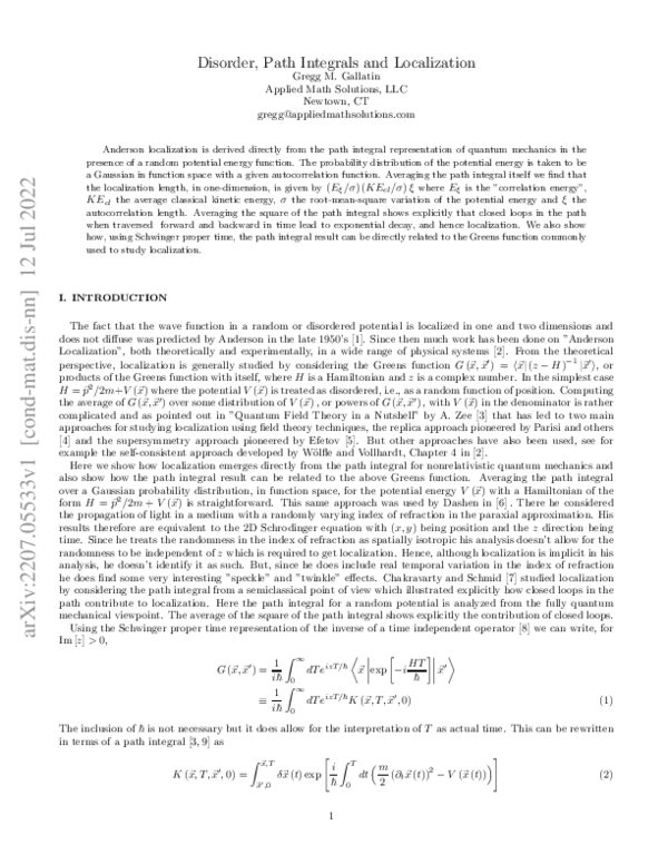 (PDF) Disorder, Path Integrals and Localization