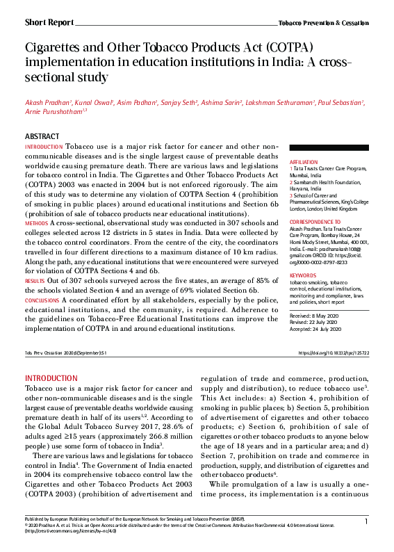(PDF) Cigarettes and Other Tobacco Products Act (COTPA) implementation ...