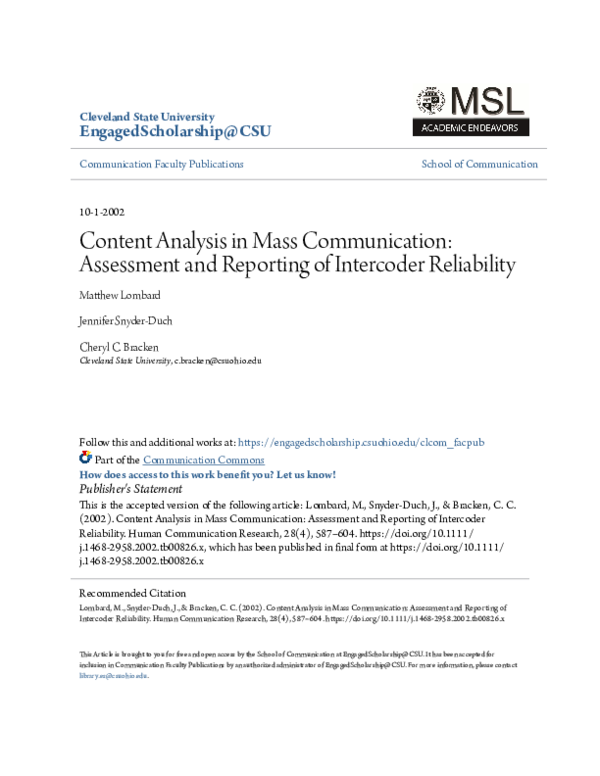 Pdf Content Analysis In Mass Communication Assessment And Reporting Of Intercoder Reliability