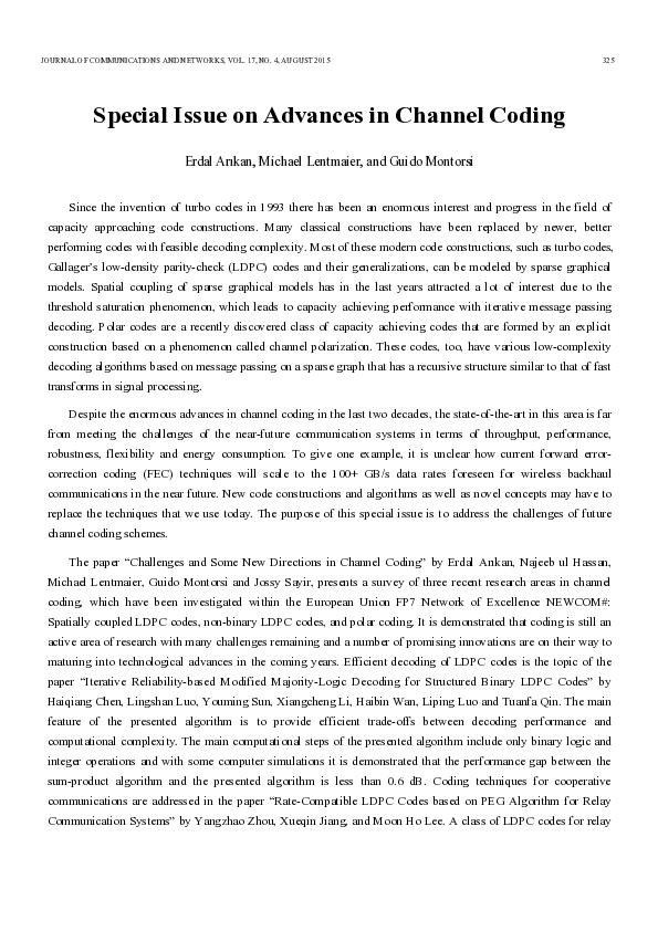 (PDF) Special issue on advances in channel coding