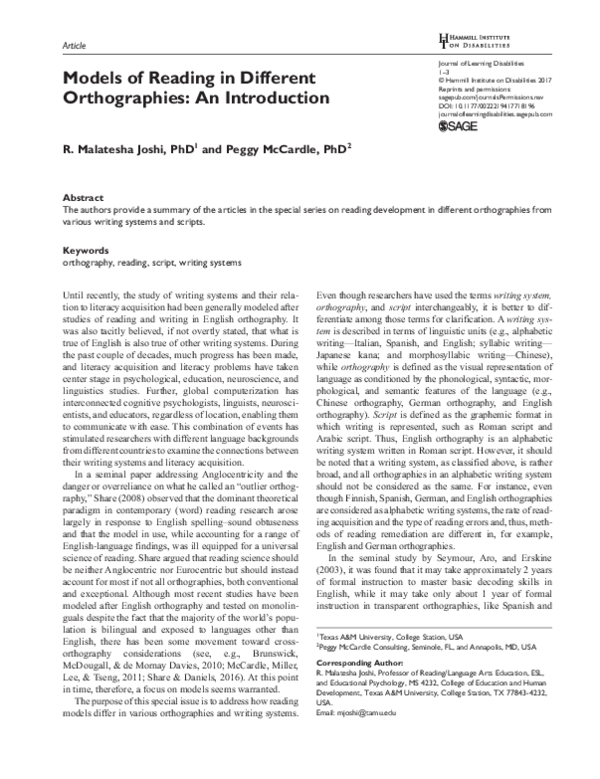 (PDF) Models of Reading in Different Orthographies: An Introduction