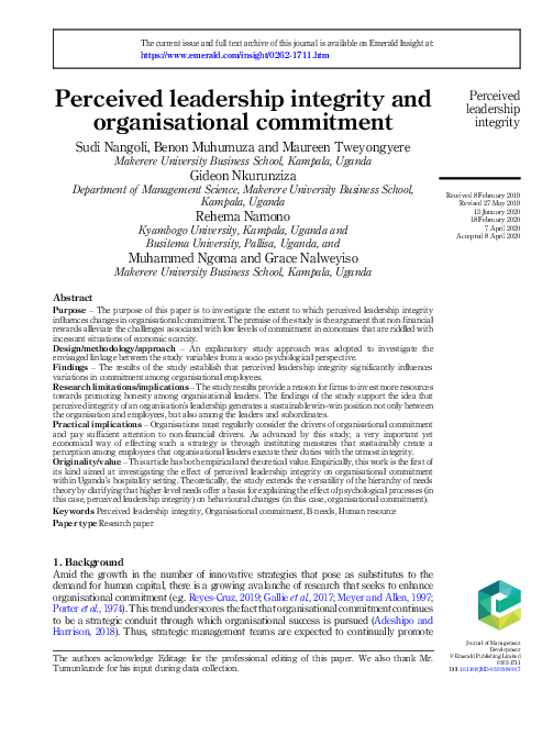 (PDF) Perceived leadership integrity and organisational commitment