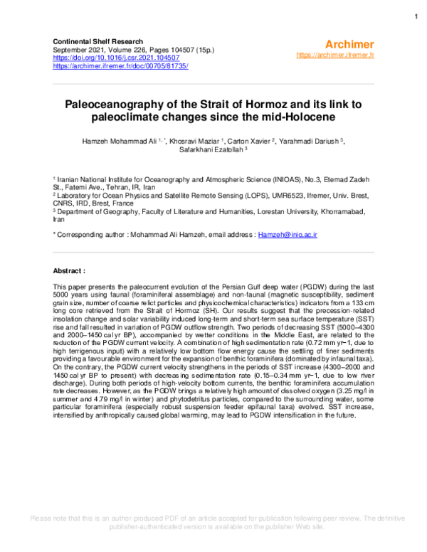 (PDF) Paleoceanography of the Strait of Hormoz and its link to ...