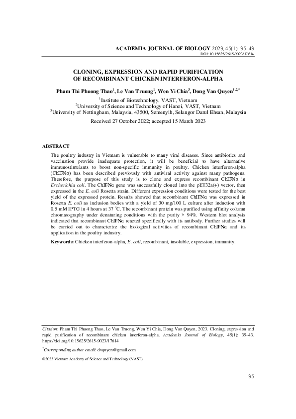 (PDF) Cloning, expression and rapid purification of recombinant chicken ...