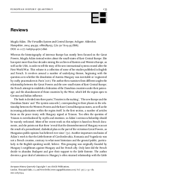 (PDF) Book Review: The Versailles System and Central Europe | John C ...