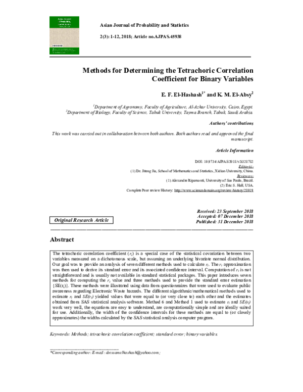 (PDF) Inferential Methods for the Tetrachoric Correlation Coefficient