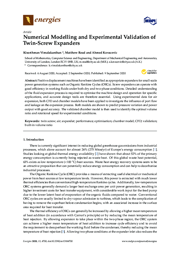 Pdf Numerical Modelling And Experimental Validation Of Twin Screw Expanders