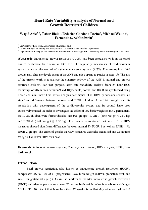 (PDF) Heart rate variability analysis of normal and growth restricted children | Dr Wajid Aziz ...