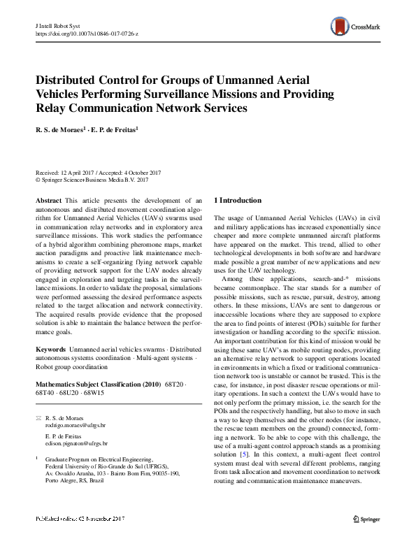 (PDF) Distributed Control for Groups of Unmanned Aerial Vehicles Performing Surveillance ...