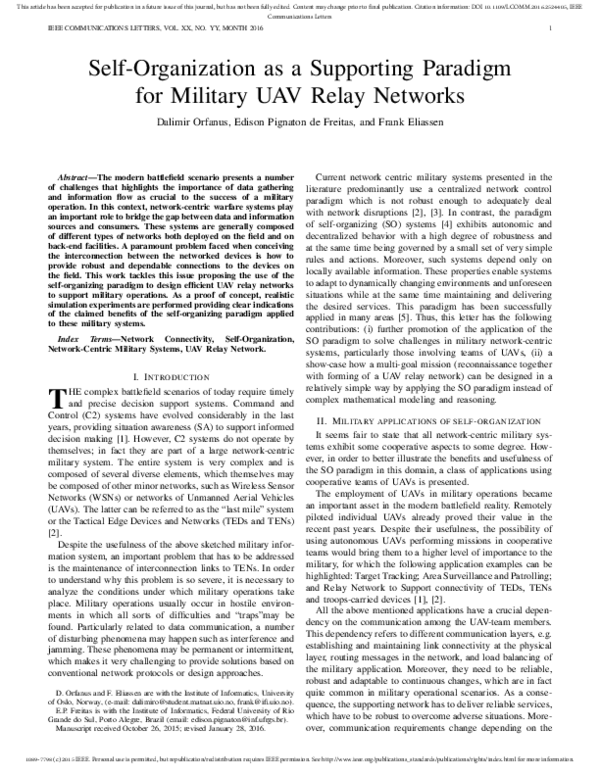 (PDF) Self-Organization as a Supporting Paradigm for Military UAV Relay Networks