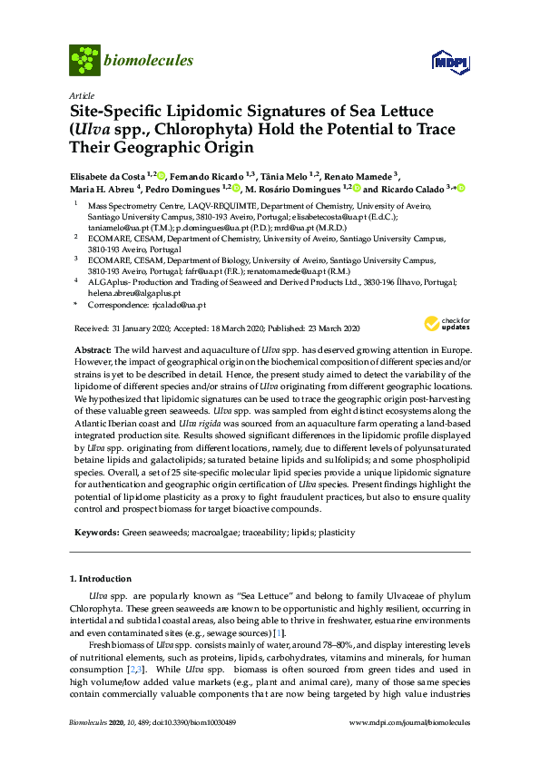 (PDF) Site-Specific Lipidomic Signatures of Sea Lettuce (Ulva spp ...