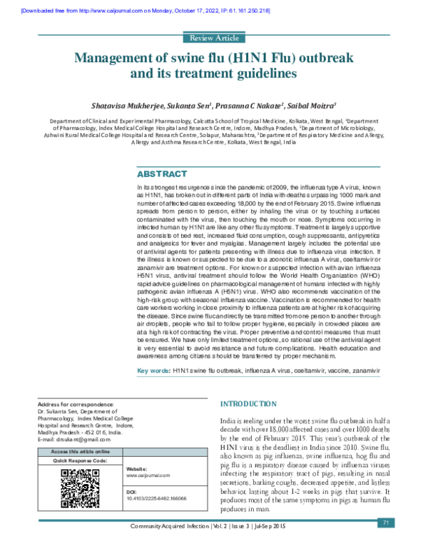 (PDF) Management of swine flu (H1N1 Flu) outbreak and its treatment guidelines